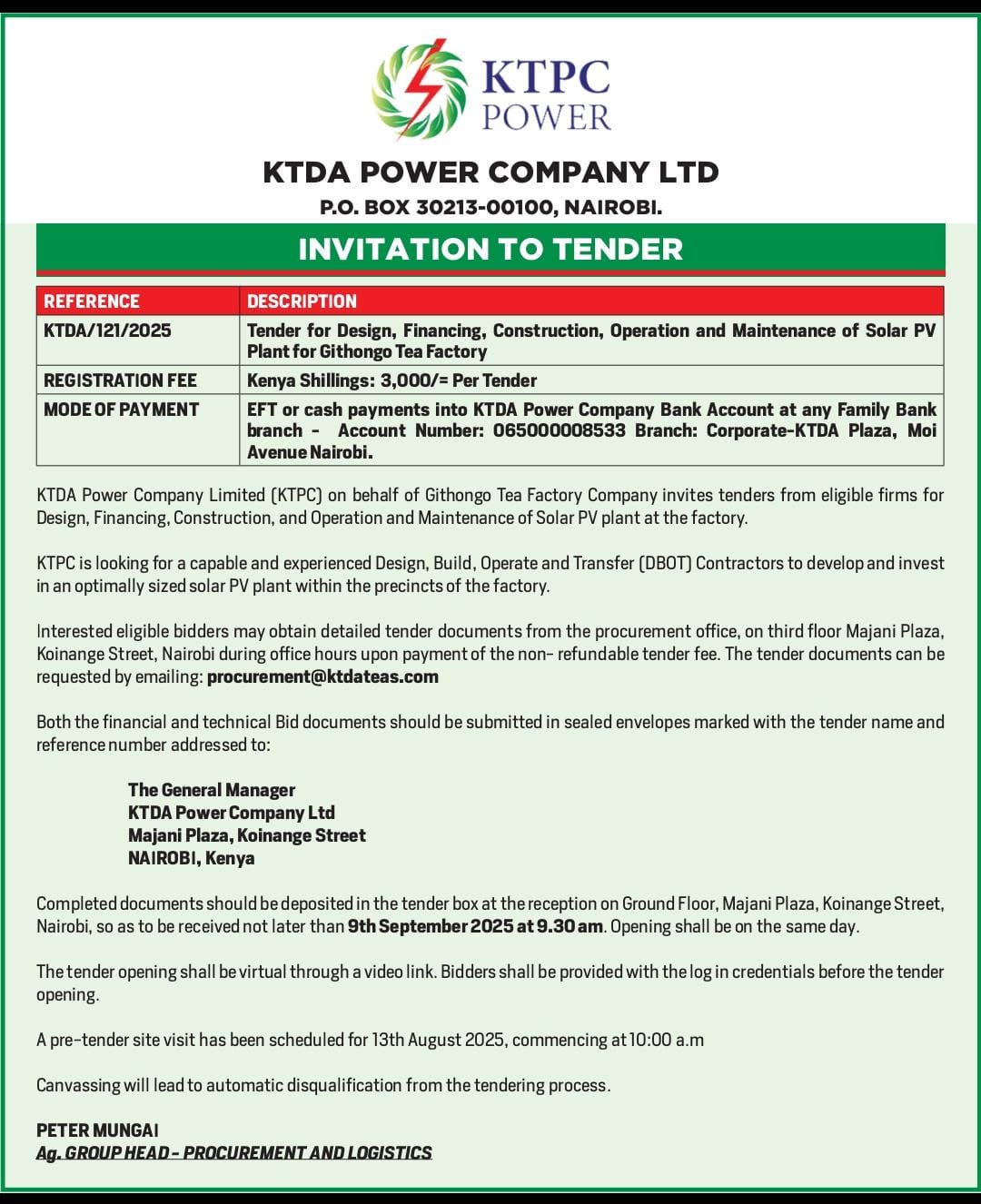 Invitation to Tender- KTDA Power Company Limited (KTPC) -Tender for ...